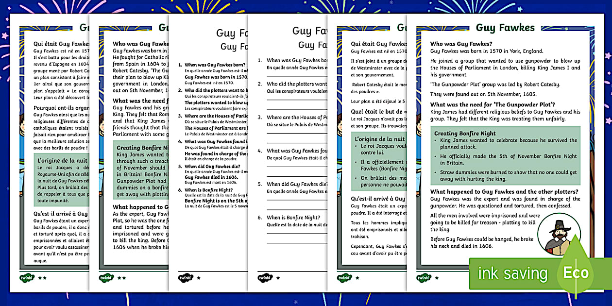 Guy Fawkes Differentiated Reading Comprehension Activity English/French