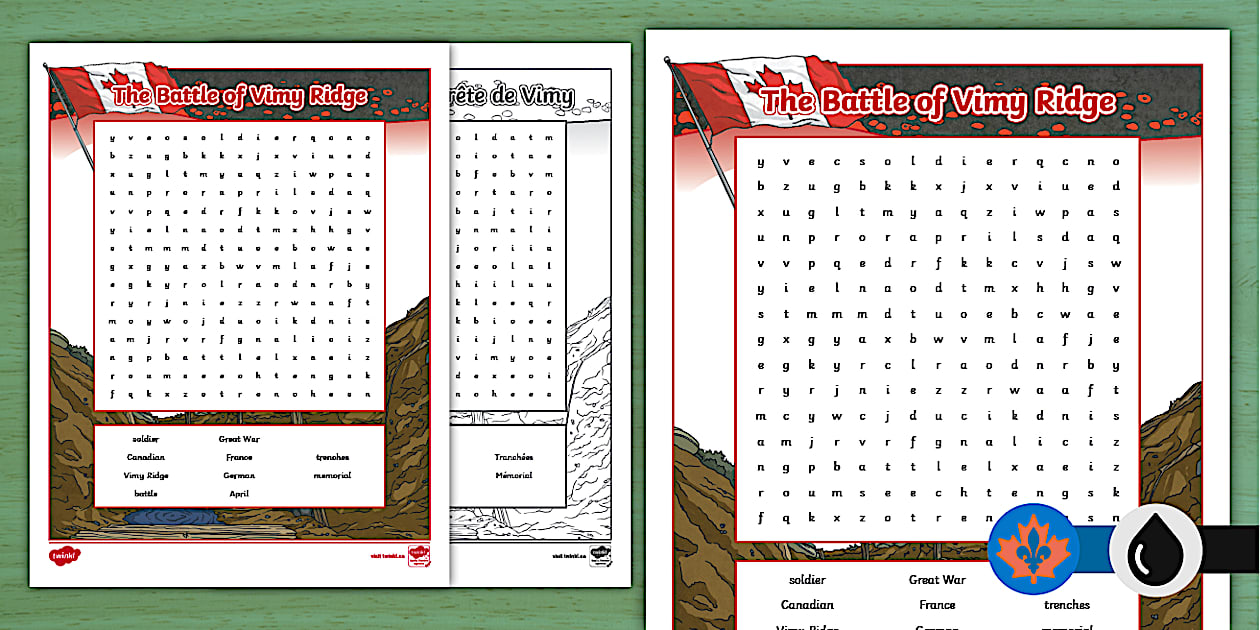 The Battle of Vimy Ridge Word Search French