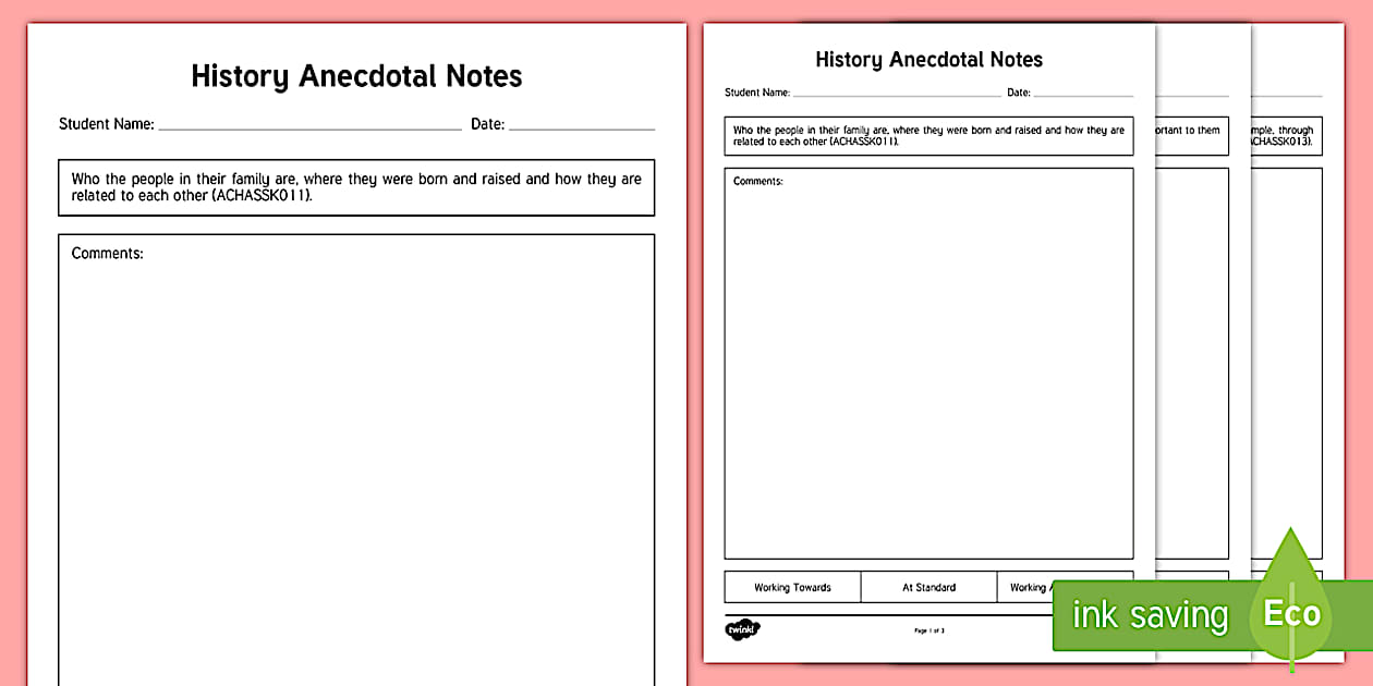 Prep History Anecdotal Observations Assessment Sheet