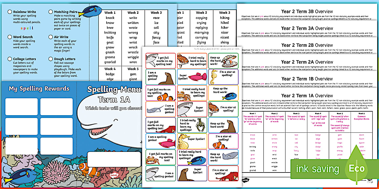 Editable Year 2 Under the Sea Themed Spelling Menu Pack