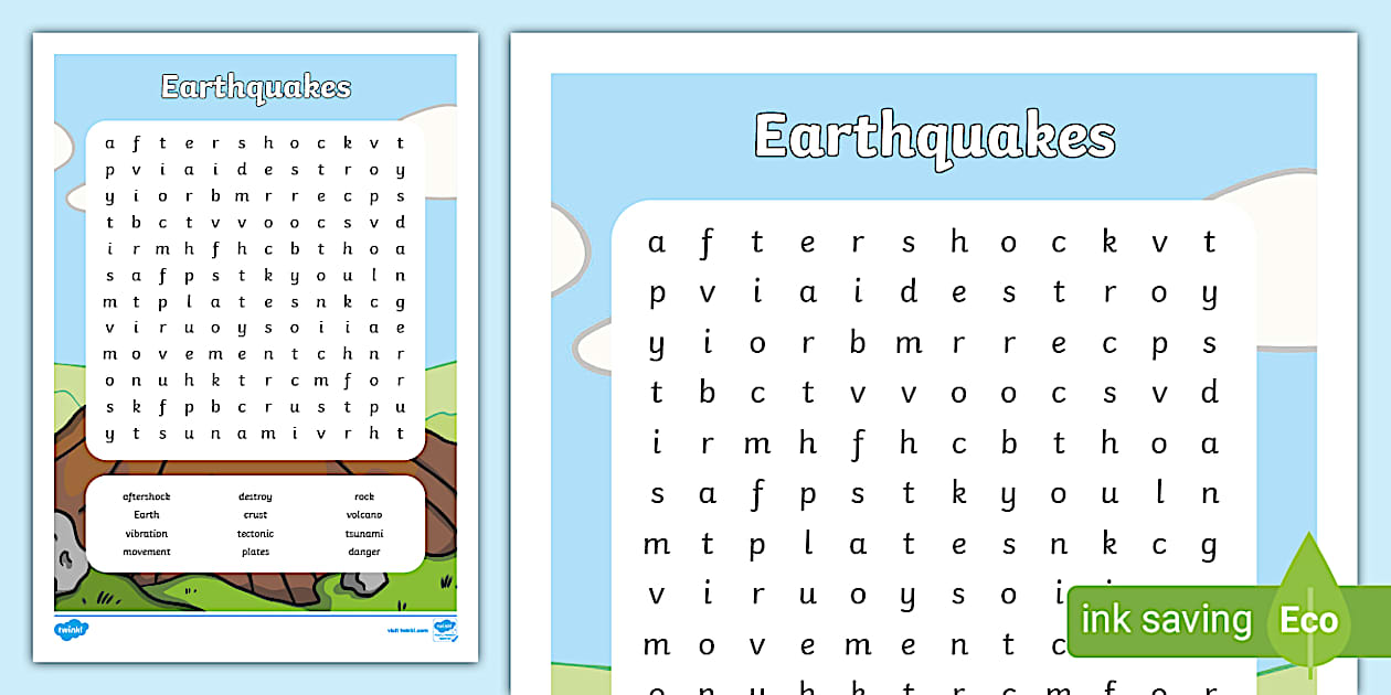 Earthquake Word Search - KS1 - Geography - Natural Disaster