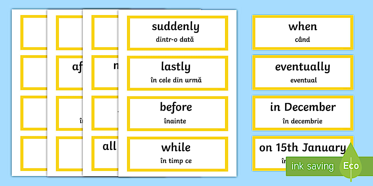 Time Conjunctions Word Cards English/Romanian - Time Connectives Word Cards