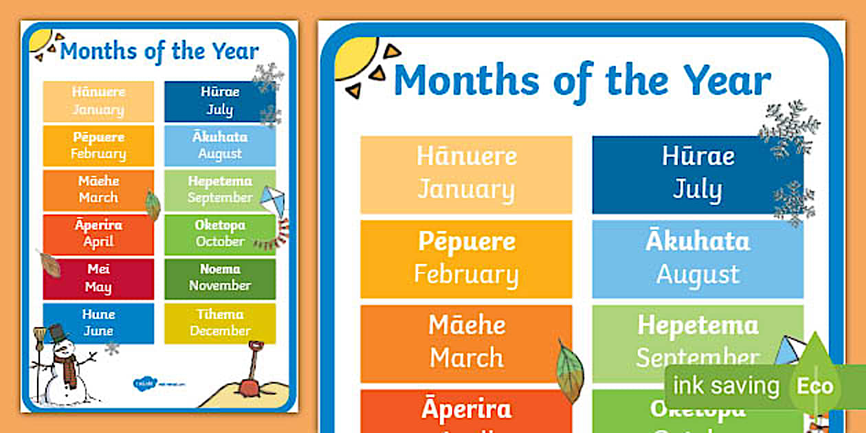Months in Māori Poster | Months of the Year Te Reo Māori