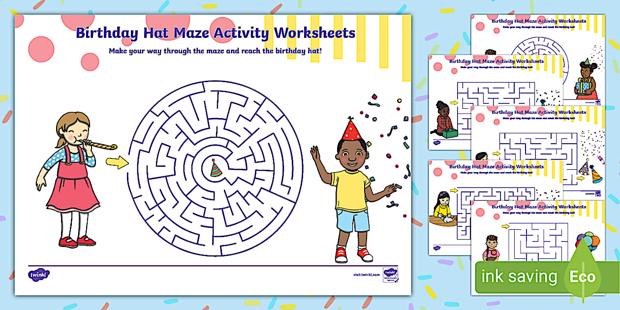 Birthday Hat Maze Activity Worksheets