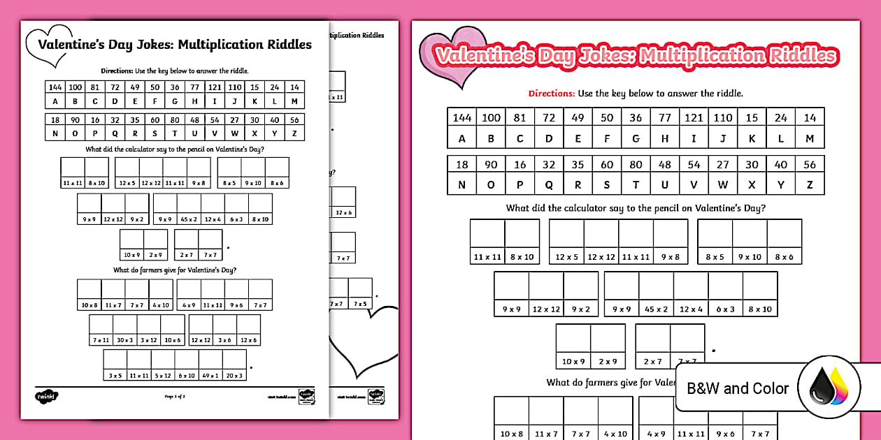 Valentine's Day Jokes: Multiplication Riddles 3rd-5th Grade