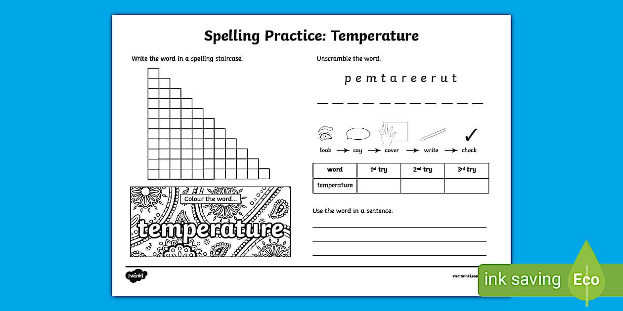 Temperature Spelling Practice Worksheet (teacher made)