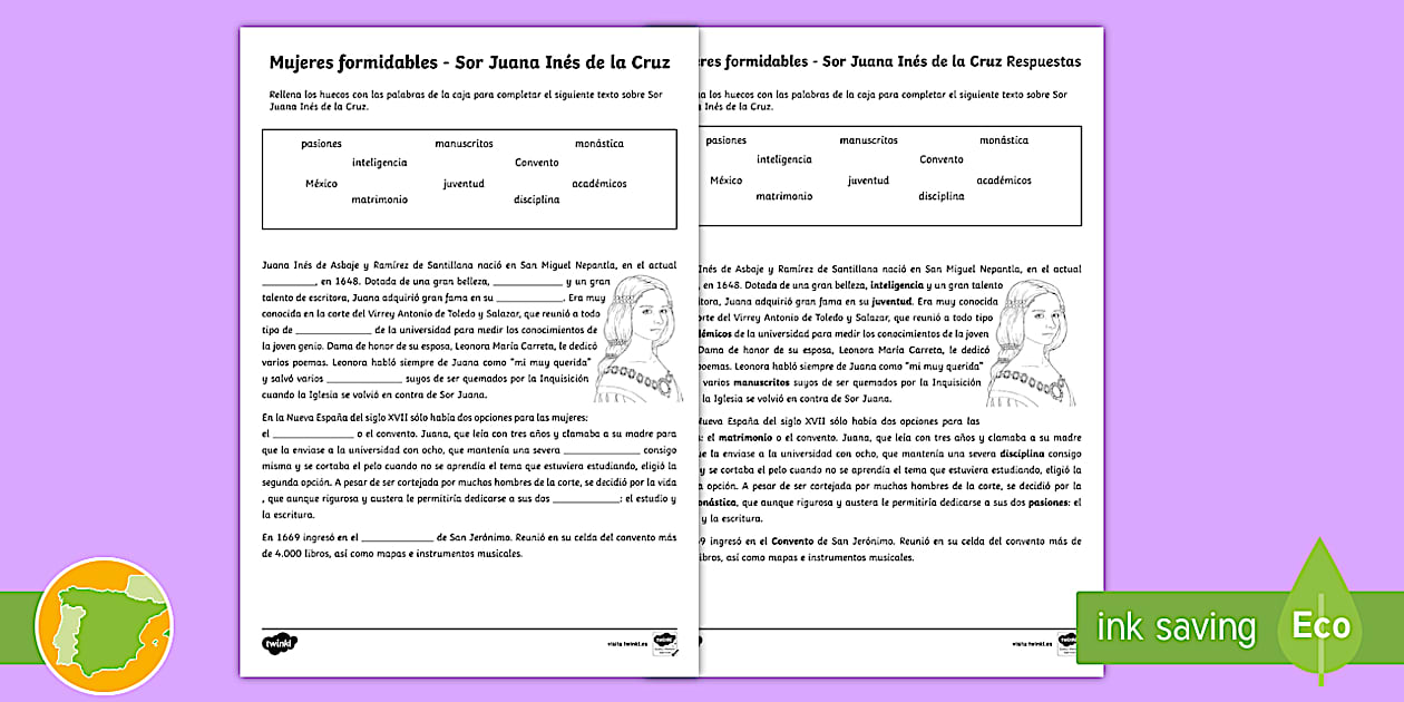 Ficha de actividad: Rellena los huecos - Sor Juana Inés de la Cruz