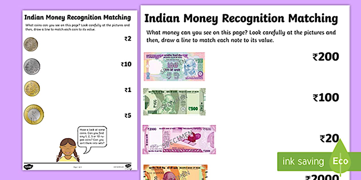Indian Money Recognition Matching Worksheets - Twinkl