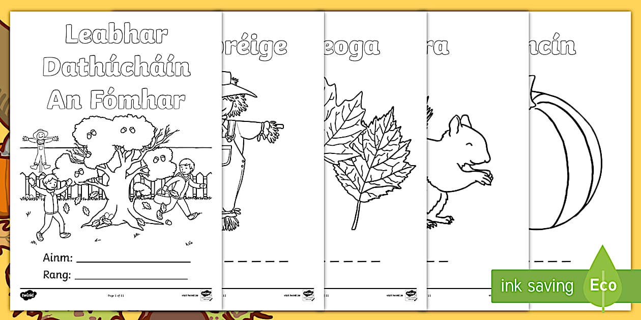 Autumn Colouring Pages in Gaeilge- easy to print. - Twinkl