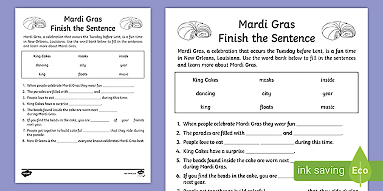 First Grade Mardi Gras Cloze Reading Worksheet - Twinkl