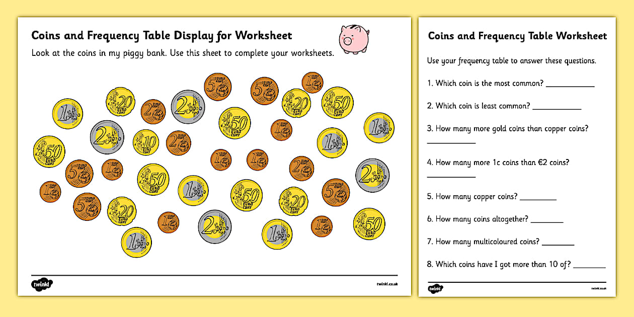Coins In Piggy Bank Euros Worksheets - Twinkl