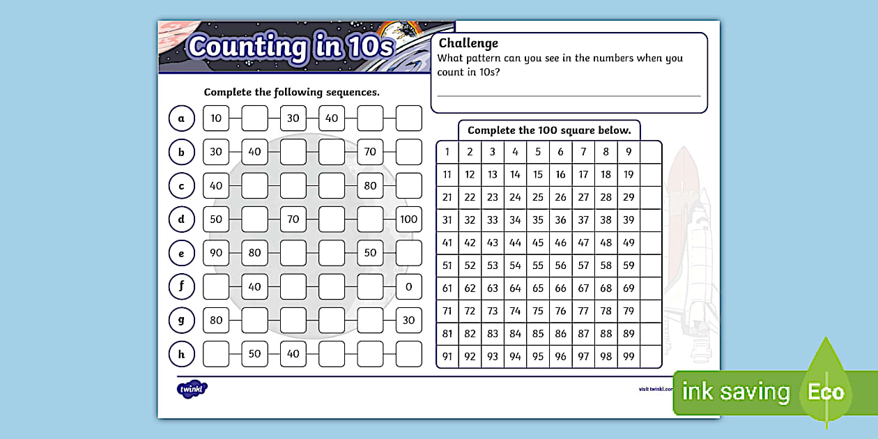 Counting in 10s Space-Themed Activity - Twinkl - KS1