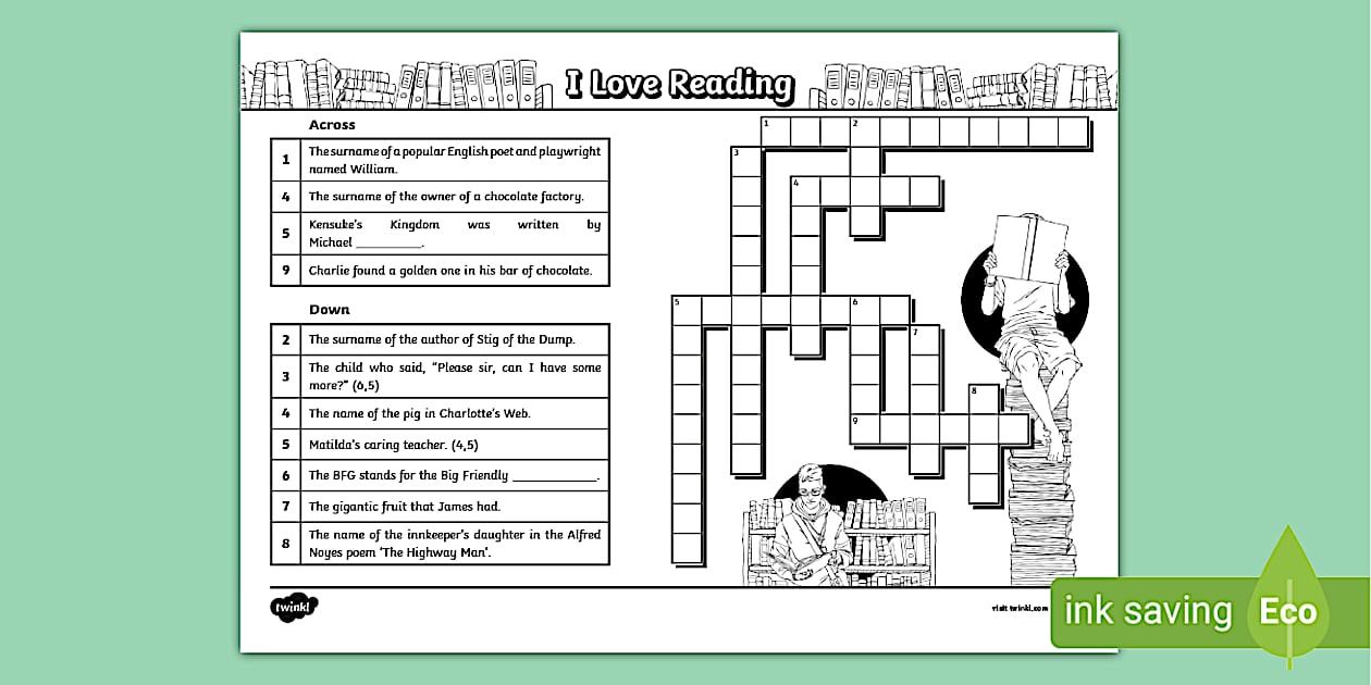 KS2 I Love Reading Crossword (Teacher-Made) - Twinkl