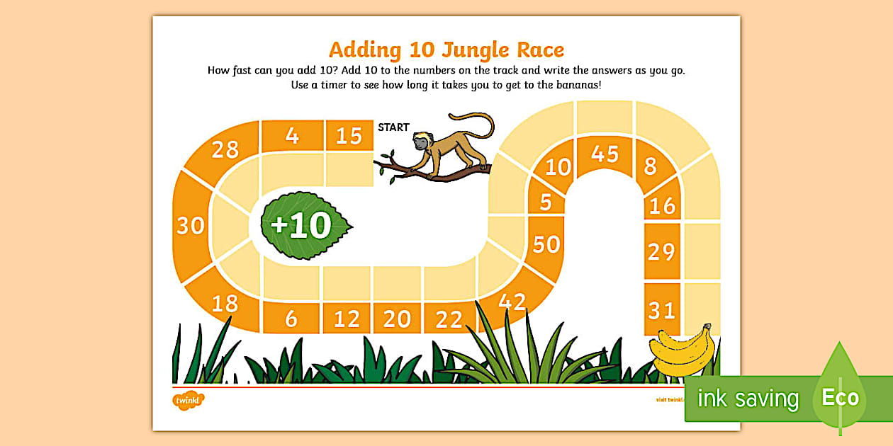 Black and White Adding 10 Jungle Race Worksheet - Twinkl