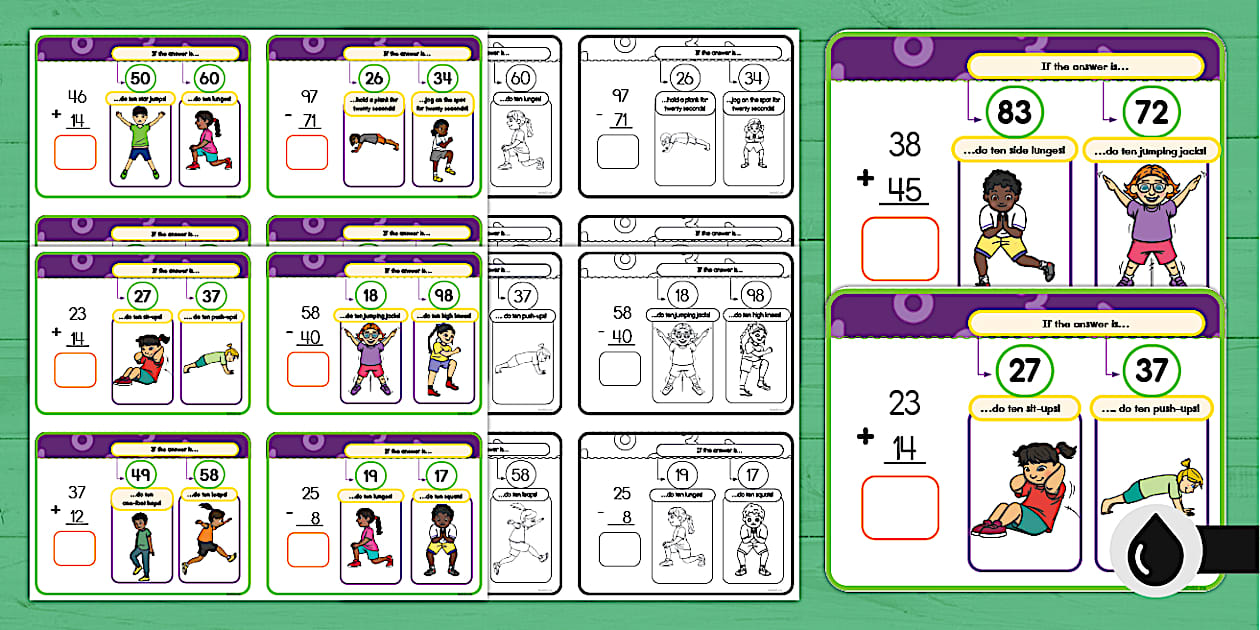 Daily Physical Activity Addition and Subtraction to 100 Challenge Cards