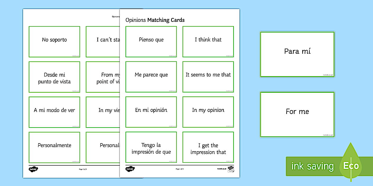 Opinion Phrases Matching Cards Spanish (teacher made)