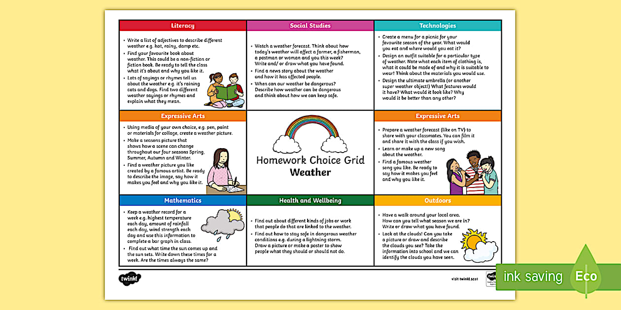 Weather Homework Grid (Hecho por educadores) - Twinkl