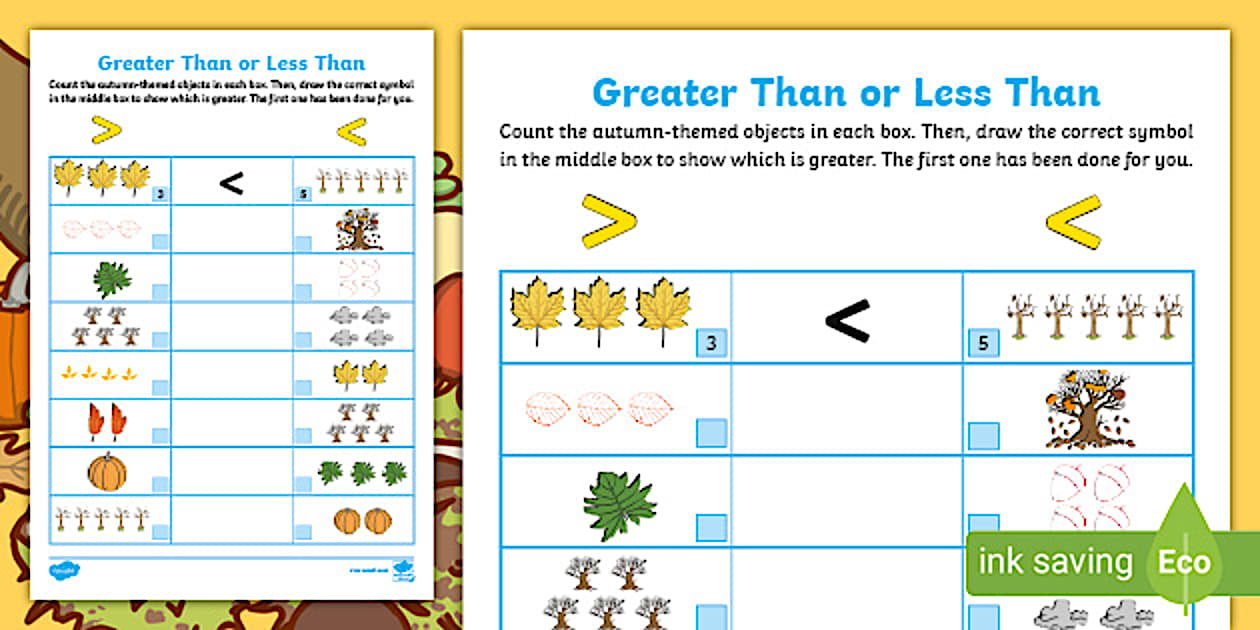 Autumn-Themed Greater Than or Less Than up to 5 Worksheet
