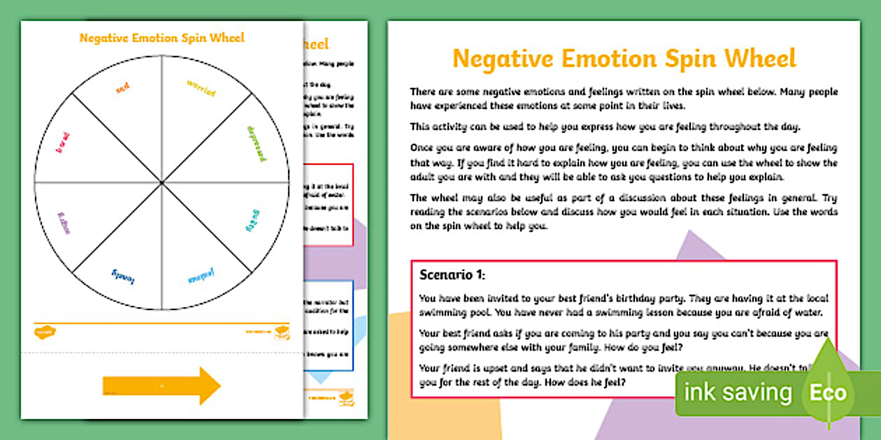 Negative Emotion Spin Wheel Worksheet (teacher made)