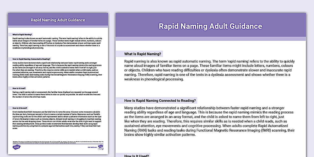 Rapid Naming Adult Guidance (teacher made) - Twinkl