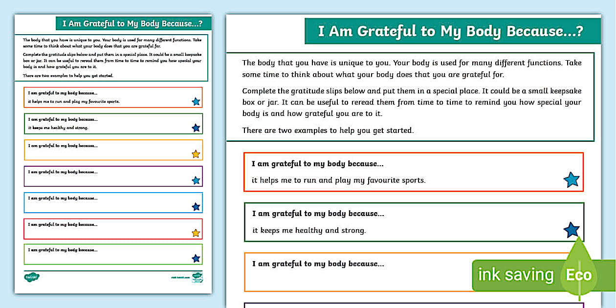 KS2 Body Image Worksheet - I Am Grateful to My Body