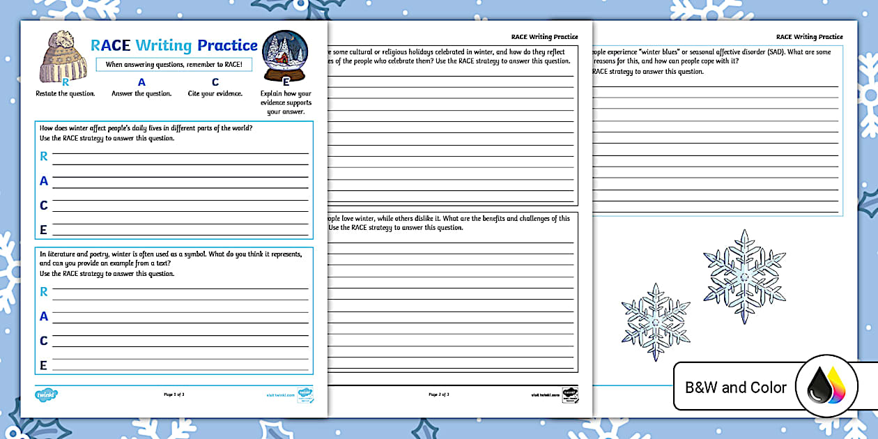 Winter RACE Writing Practice Worksheets for 6th-8th Grade