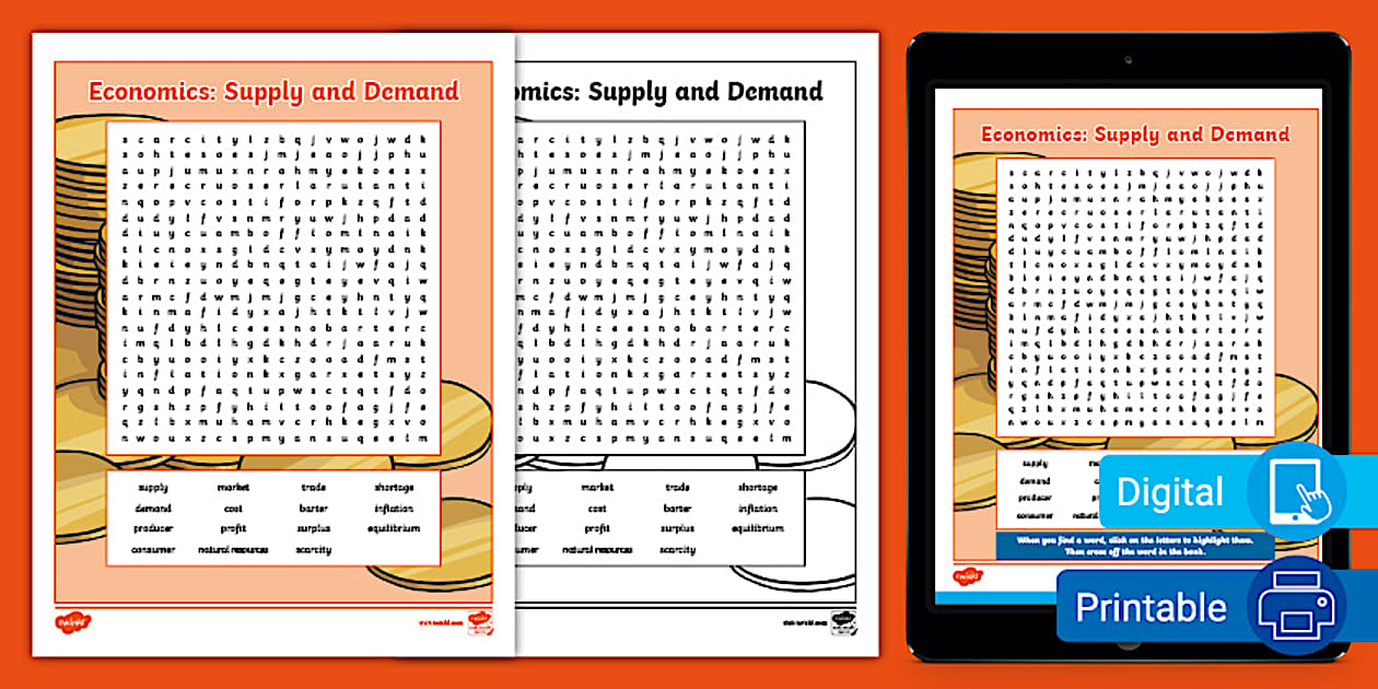 Economics: Supply and Demand Word Search for 6th-8th Grade