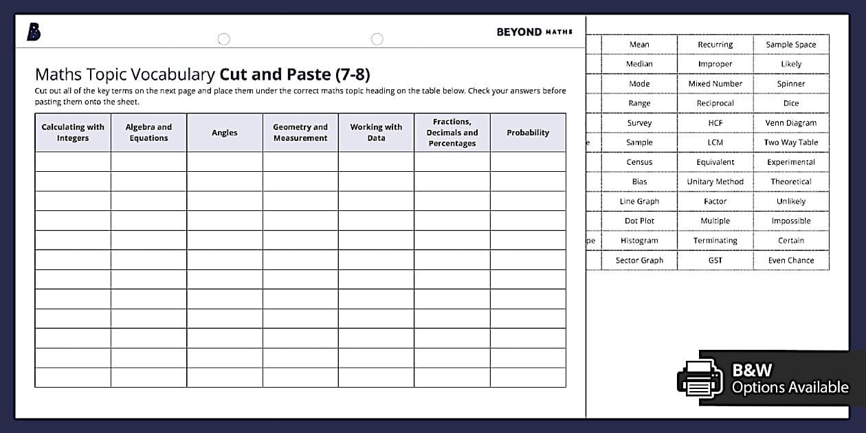 Maths Topics Vocabulary Cut and Paste Activity - Beyond