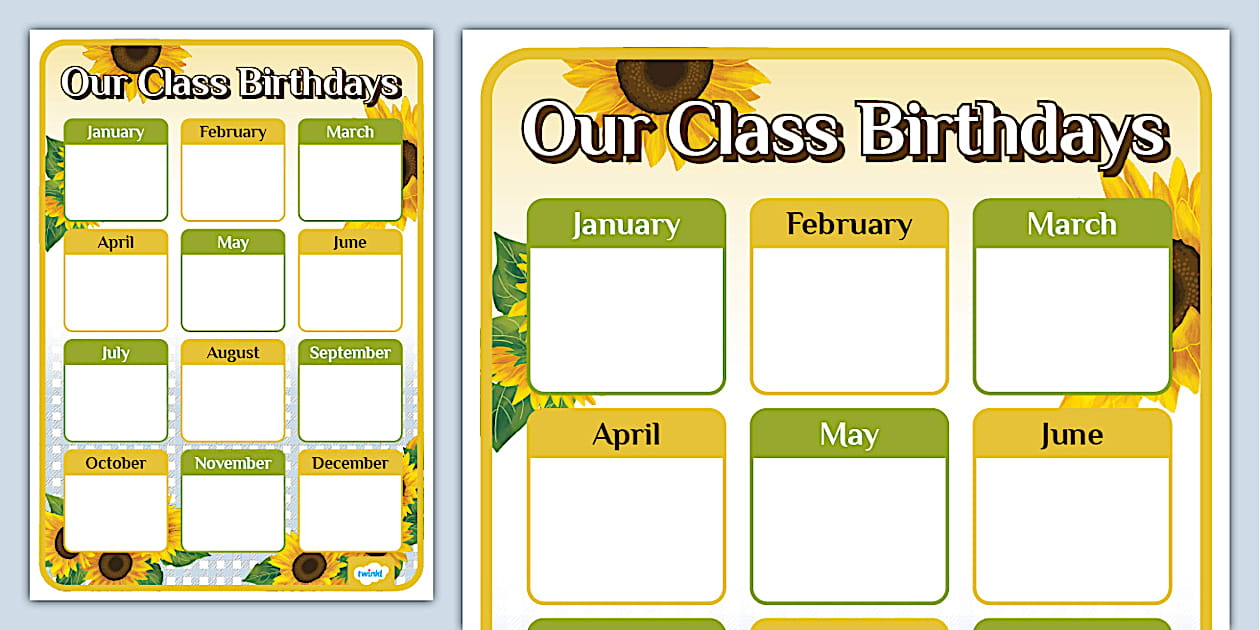 Sunflower-Themed Classroom Birthday Chart Poster - Twinkl