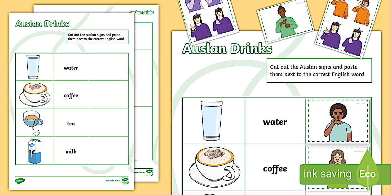 Auslan Drinks Cut and Paste Activity (Southern Dialect)