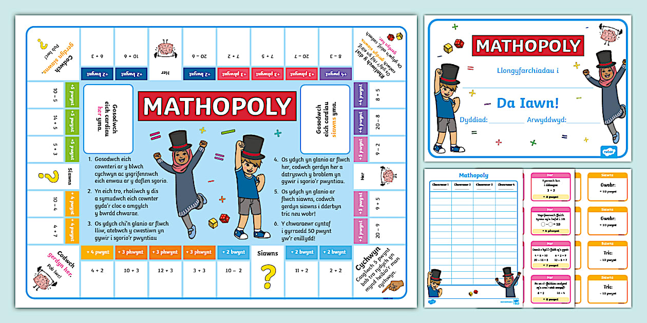 Mathopoly Cymraeg: Adio a Thynnu hyd at 20 (Teacher-Made)