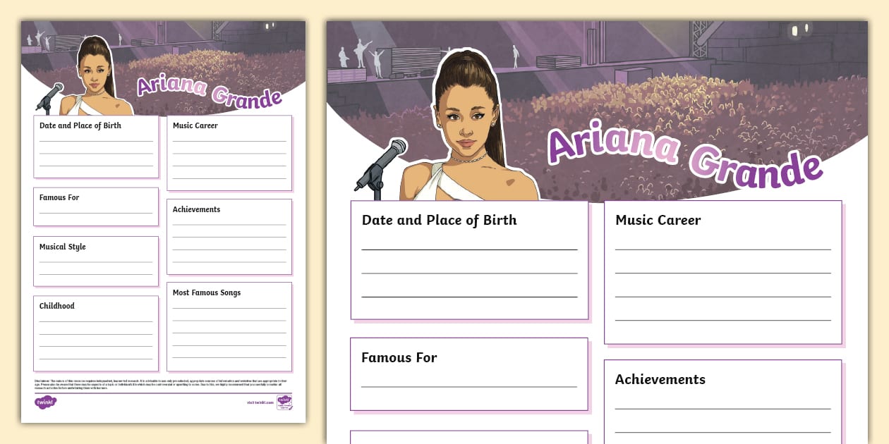 Ariana Grande Fact File Template (teacher made) - Twinkl