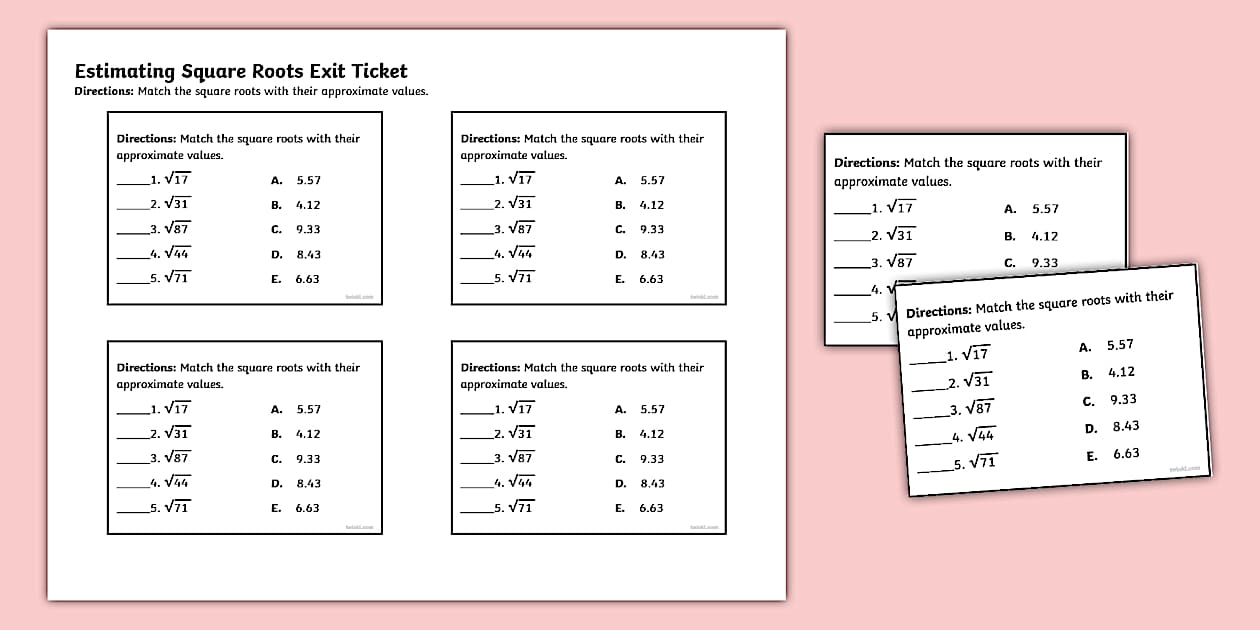 Eighth Grade Estimating Square Roots Exit Ticket - Twinkl