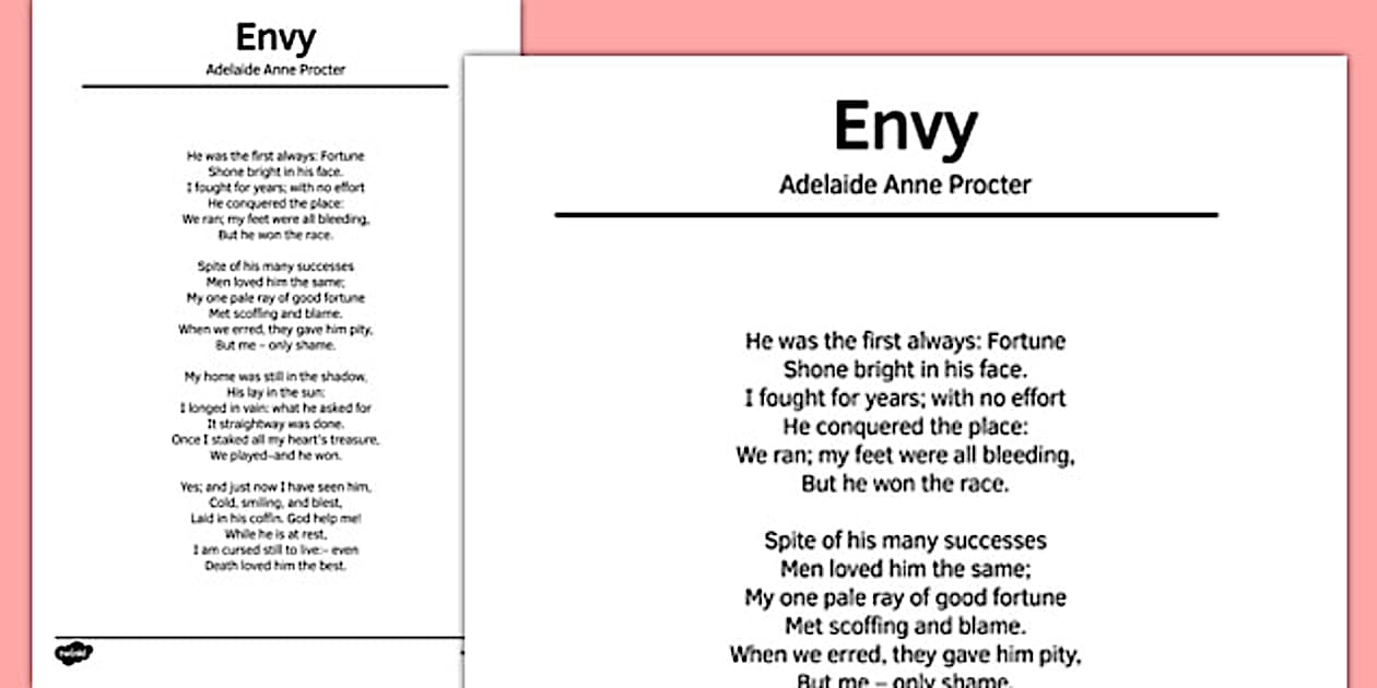 Envy by Adelaide Anne Procter | Envy Poem Sheet | Primary