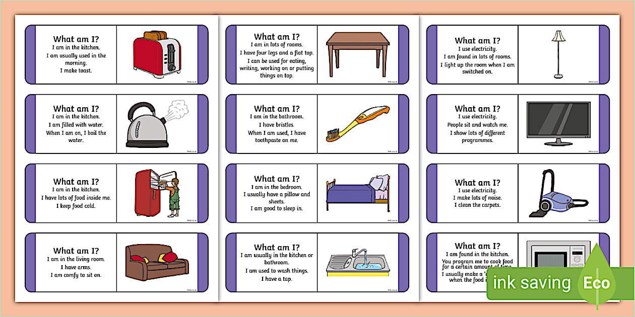 Editable What Am I? Guessing Game Cards Household Objects