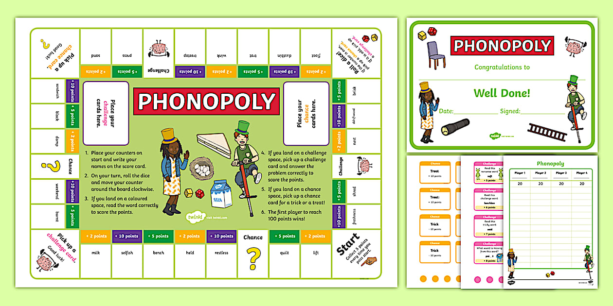 Phase 4 Phonics Phonopoly Board Game (teacher made) - Twinkl