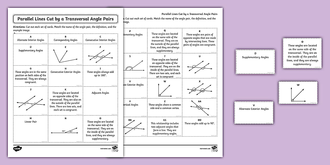 Eighth Grade Parallel Lines Cut by a Transversal Angle Pairs Card Sort