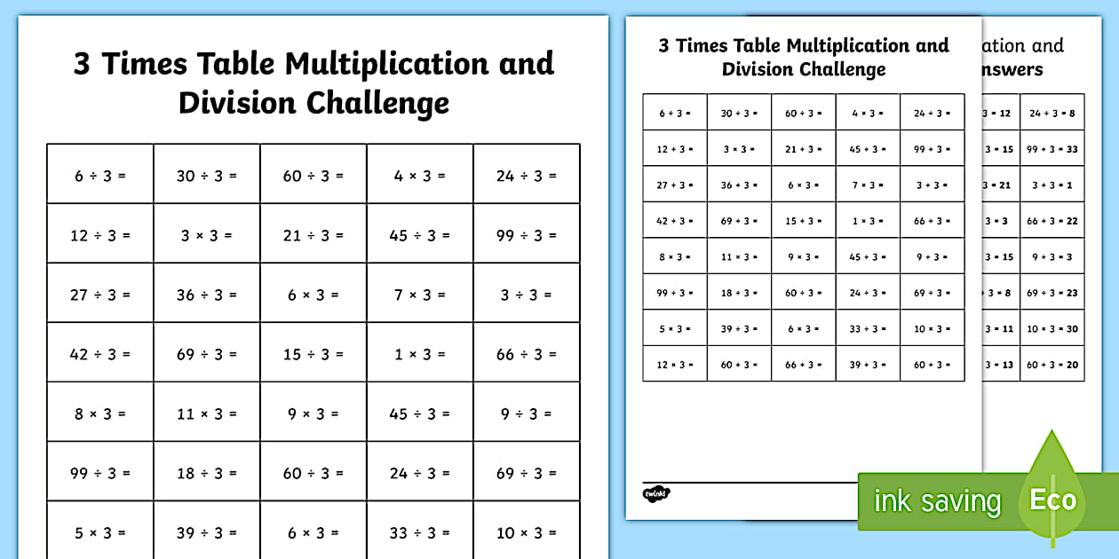 3 Times Table Multiplication and Division Challenge Worksheet