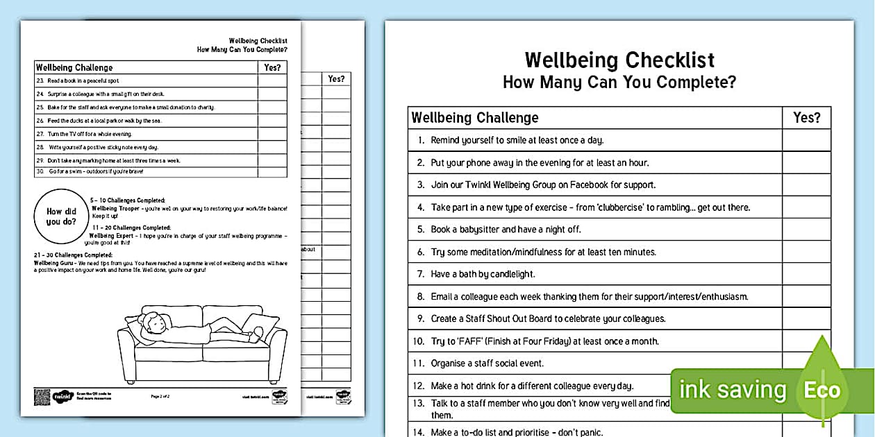 Editable Staff Wellbeing Challenge Checklist (teacher made)