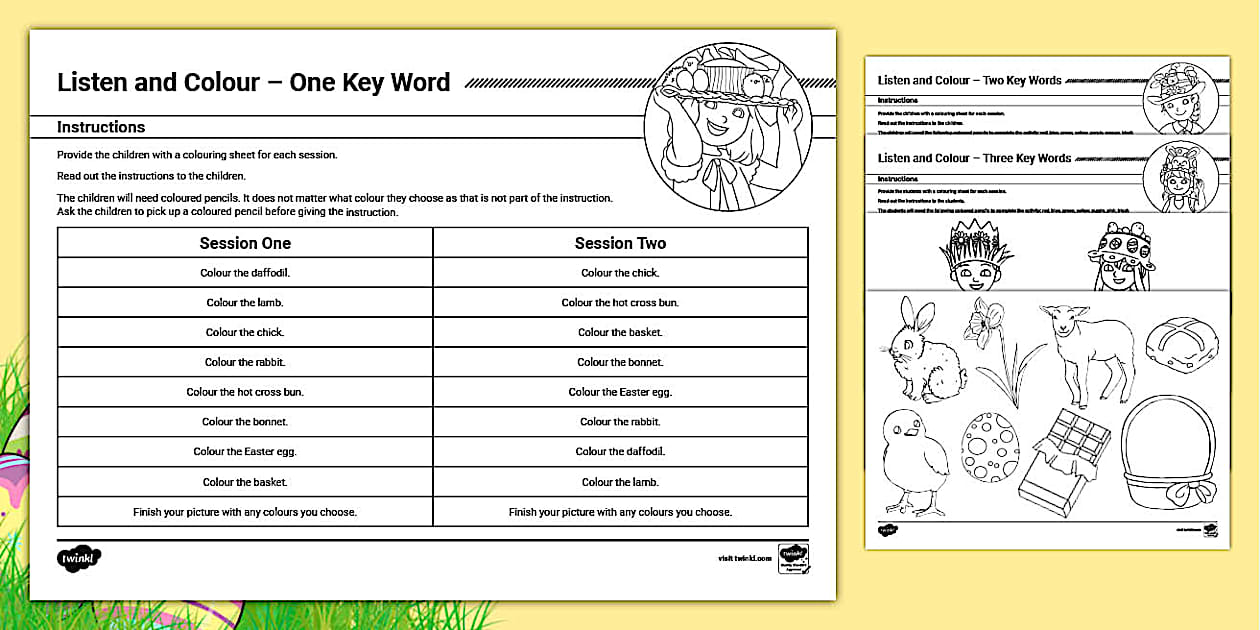 Easter Listen and Colour Key Words Activity Pack - Twinkl