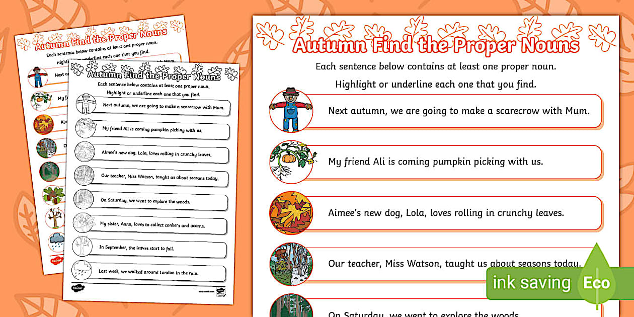 Autumn Find the Proper Nouns Activity Sheet (teacher made)