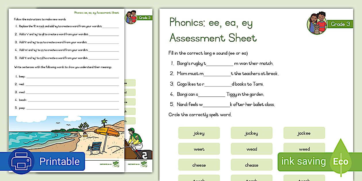 Grade 3 Phonics ee ea ey: Assessment Sheet (Written)
