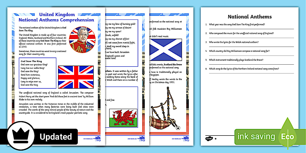 UK National Anthems Differentiated Reading Comprehension