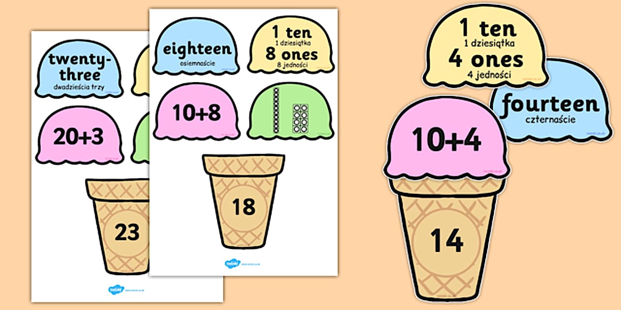 Black and White Place Value Ice Cream Cone Matching Activity Tens and Ones