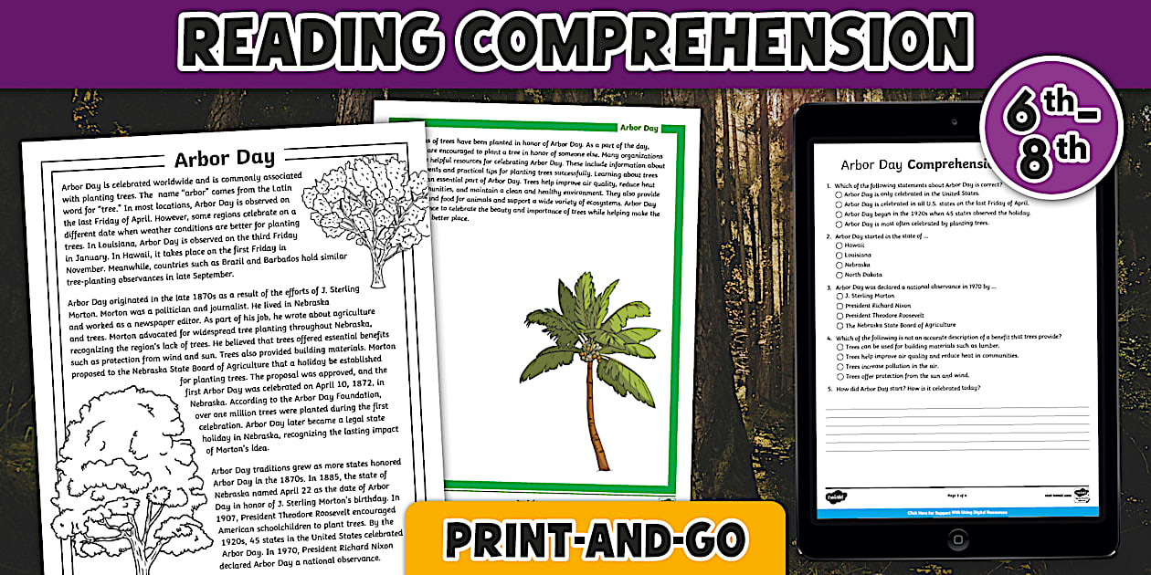 Sixth Grade Arbor Day Reading Comprehension Worksheet