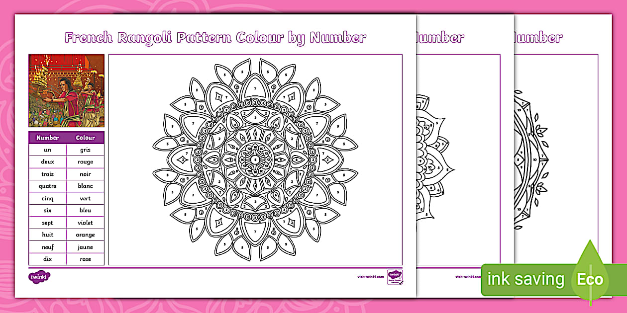 👉 French: Diwali Rangoli Pattern Colour by Number
