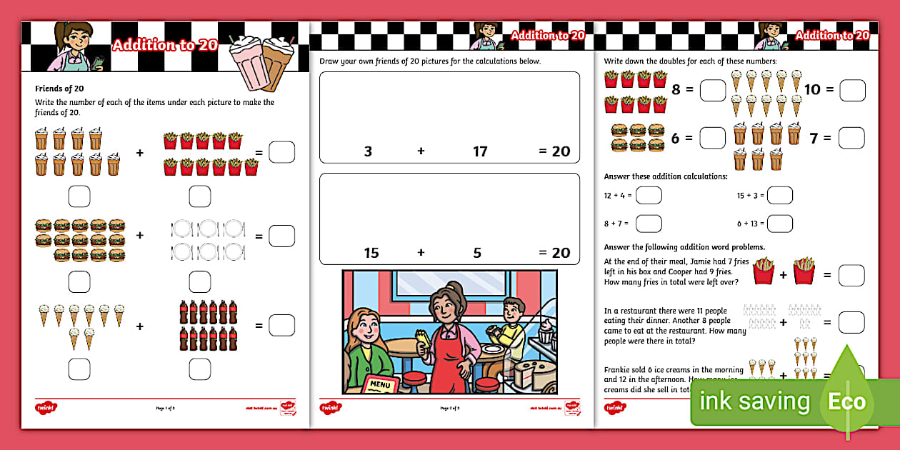 Addition to 20 Activity Sheets | Twinkl (teacher made)