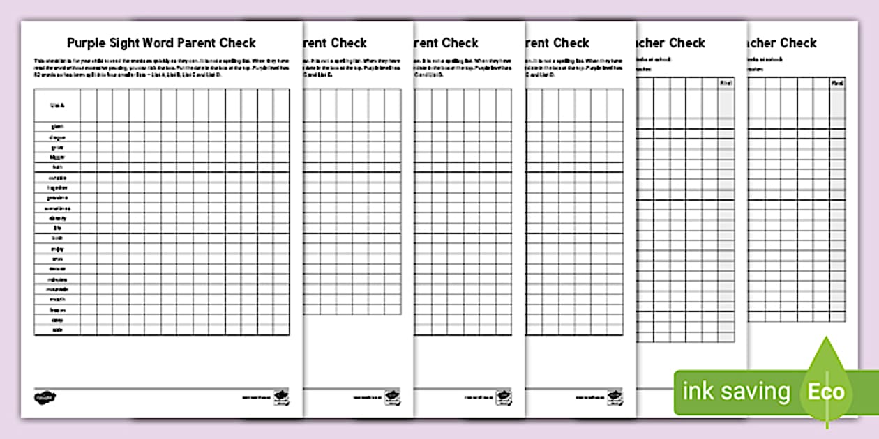 Purple Reading Sight Word Checklist - Twinkl