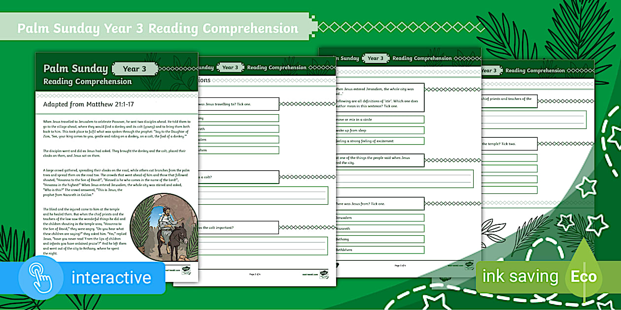 Palm Sunday Year 3 Reading Comprehension (Ages 7 - 8)