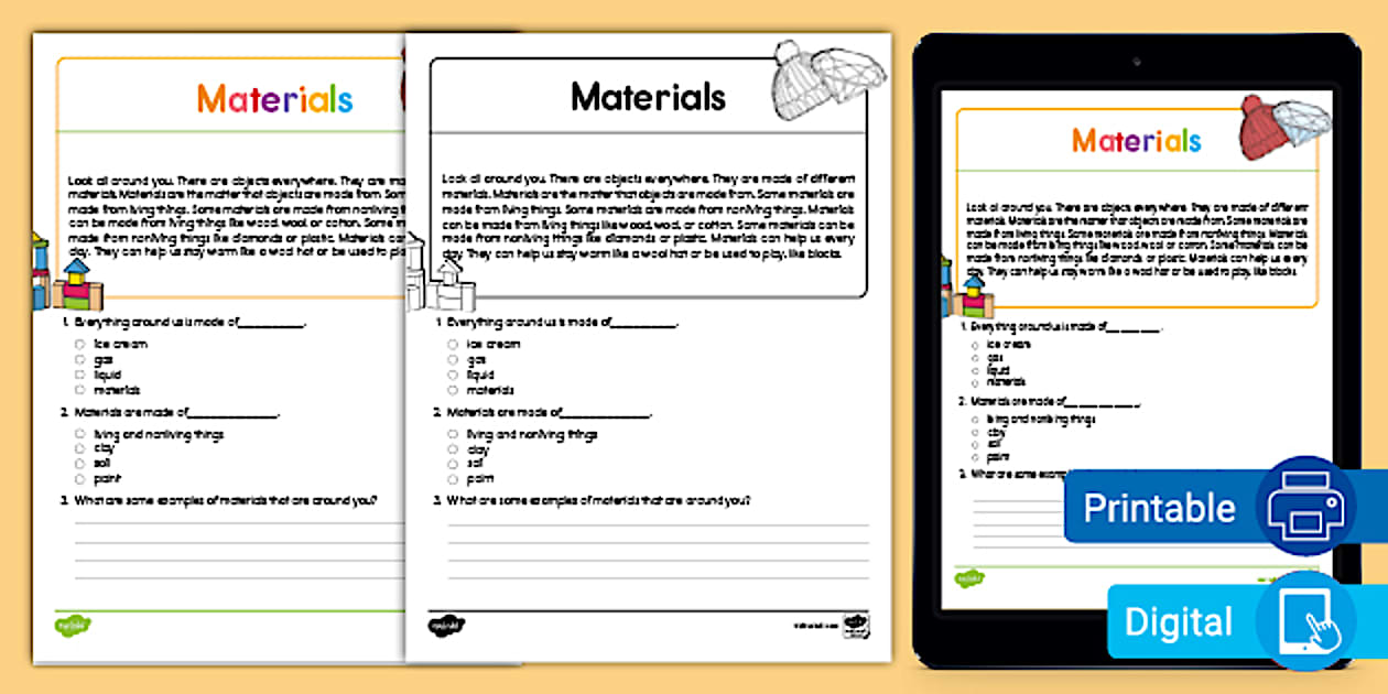 First Grade Materials Reading Passage Comprehension Activity Worksheet